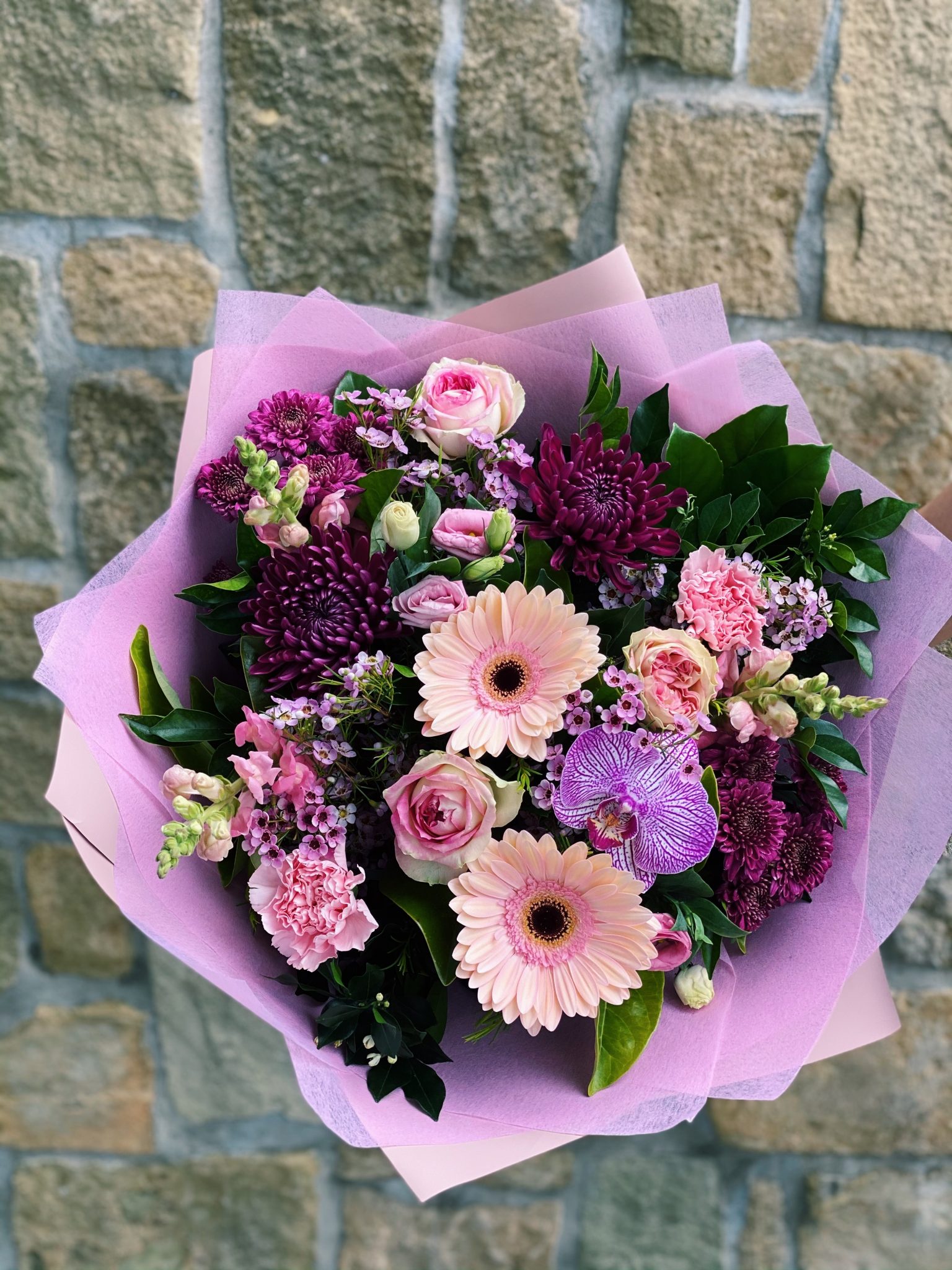Miss Bloom pink and purple bouquet Brisbane fresh flowers